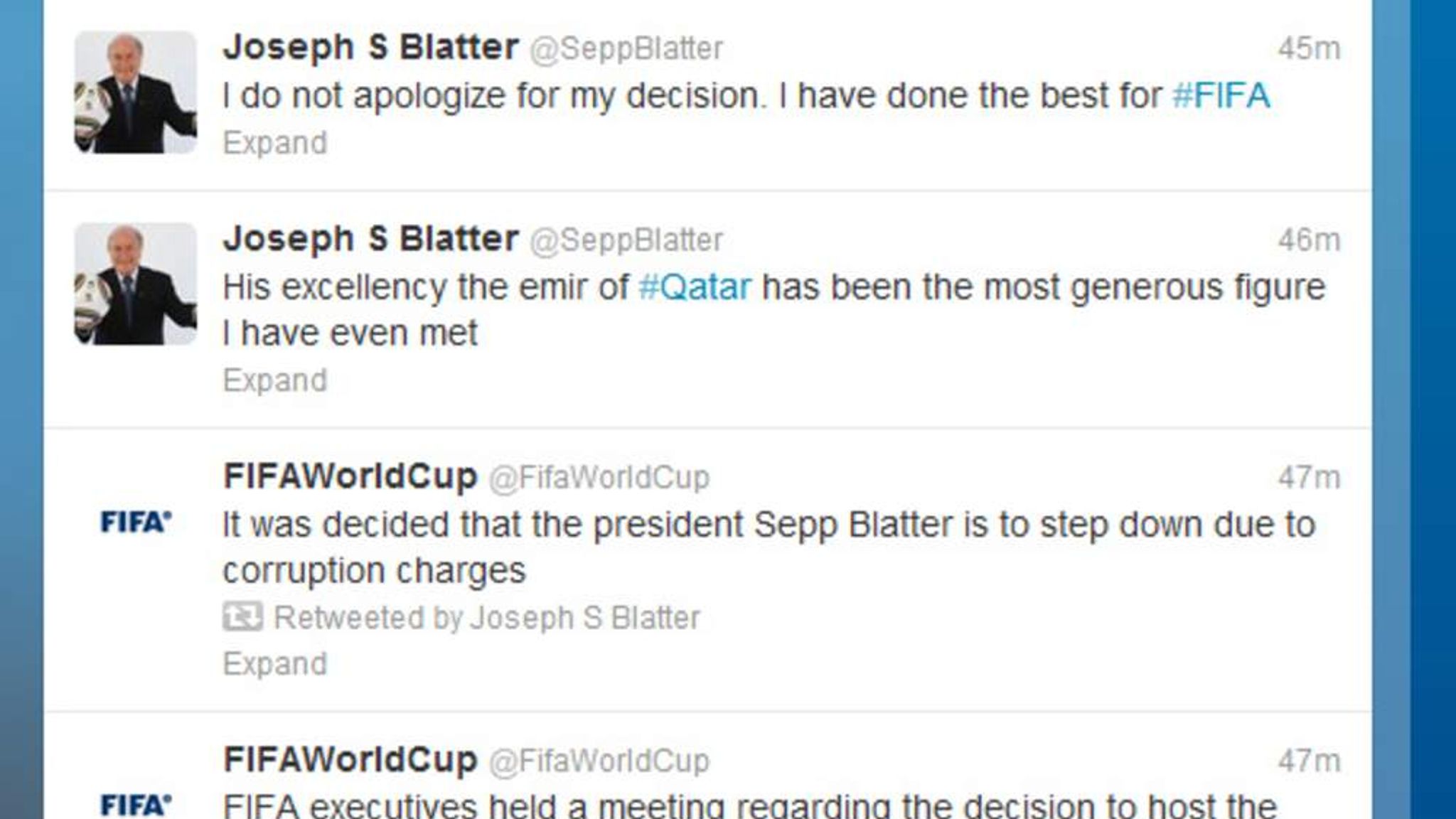 Fifa Head Sepp Blatter's Twitter Feed Hacked | World News | Sky News
