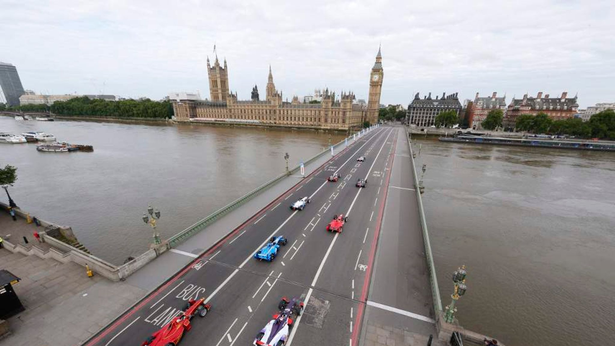 Formula E Cars Race Across London Bridge | UK News | Sky News