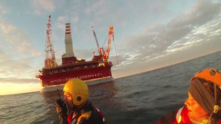 Greenpeace activists making their way from Russian oil rig in Arctic