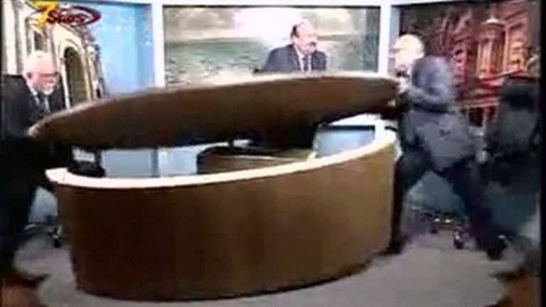 Journalists Destroy TV Set During On-Air Brawl | World News | Sky News