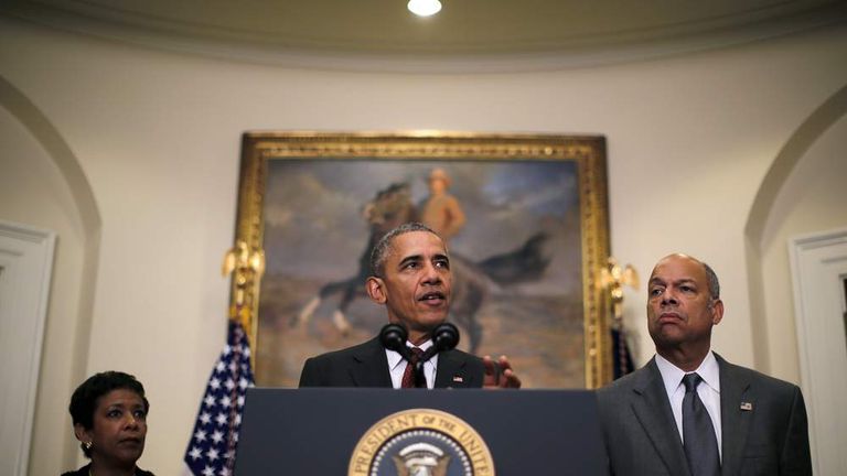 U.S. President Barack Obama delivers a statement after meeting with his ...