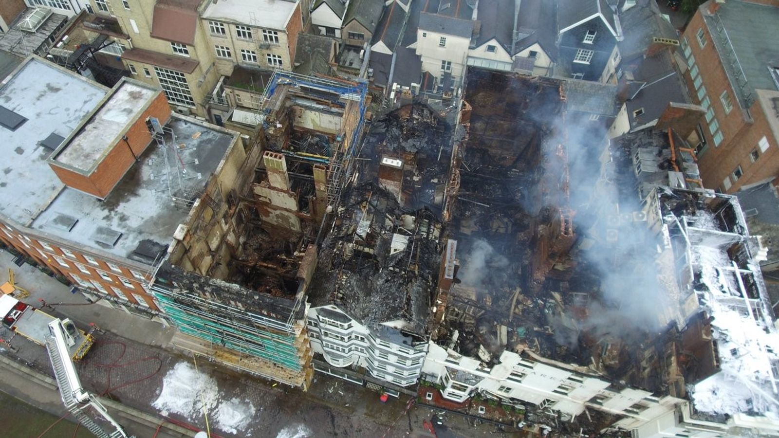 Drone footage shows fire damage to 'oldest hotel'
