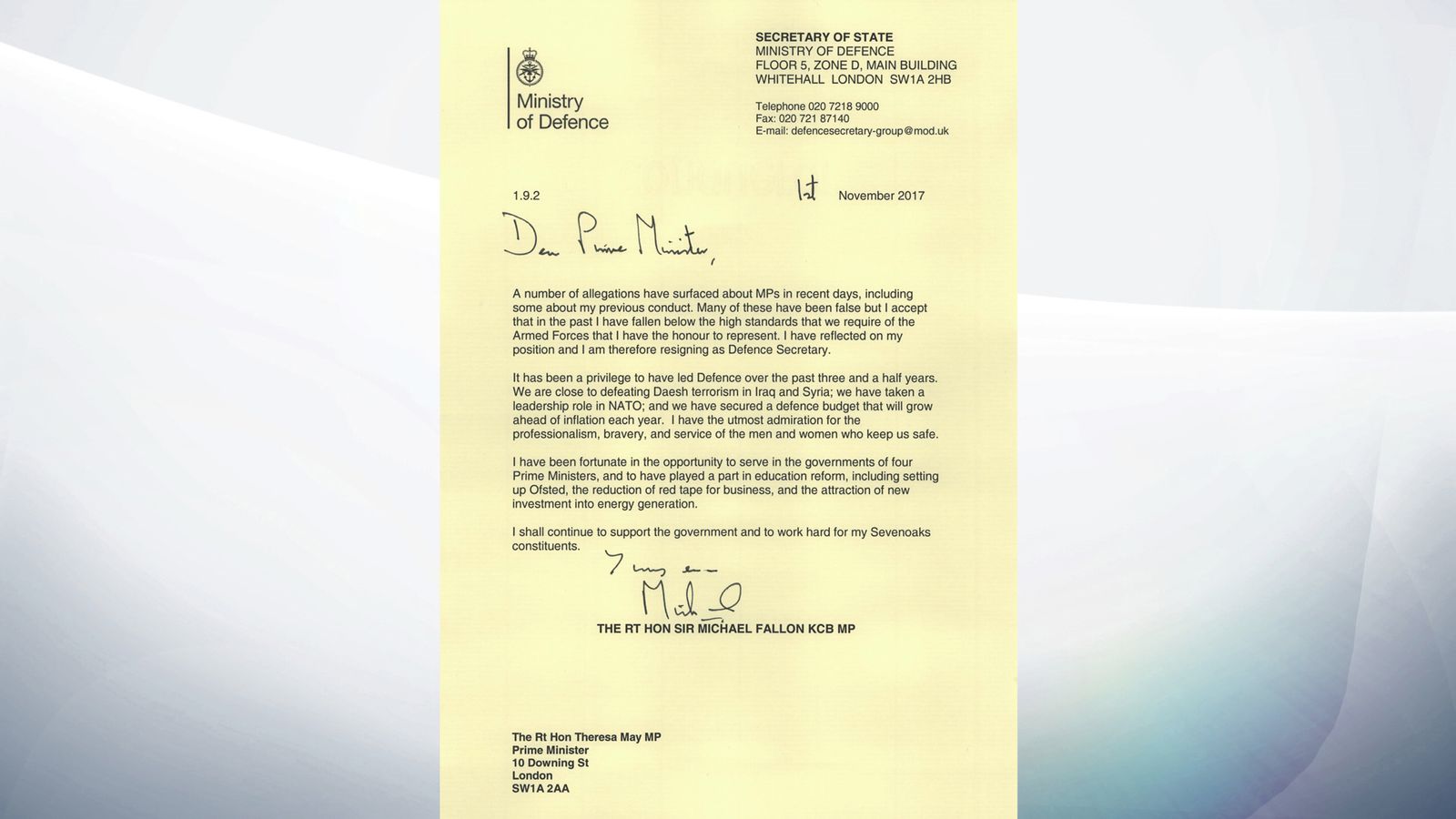 Sir Michael Fallon resigns as Defence Secretary | Politics News | Sky News