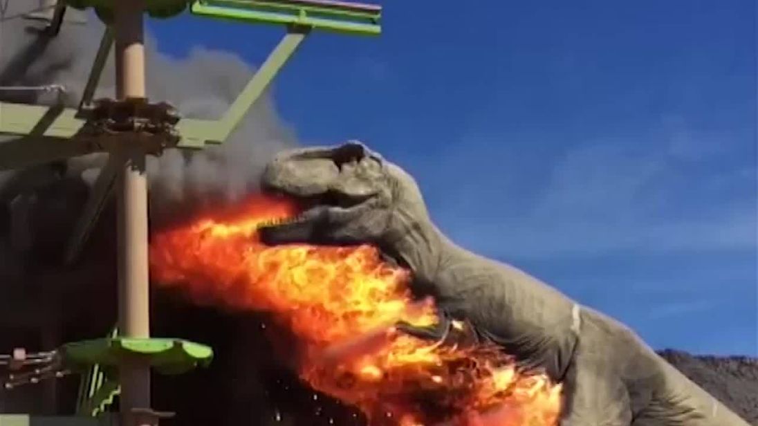 Jurassic spark: Robot T-Rex goes up in flames