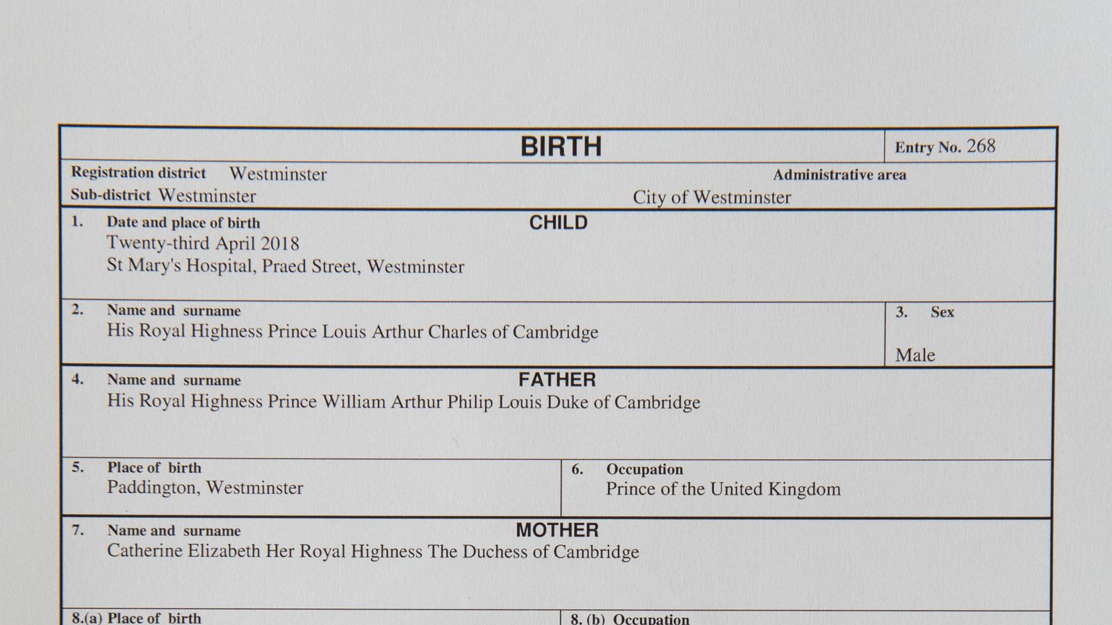 Prince Louis' birth certificate released | UK News | Sky News