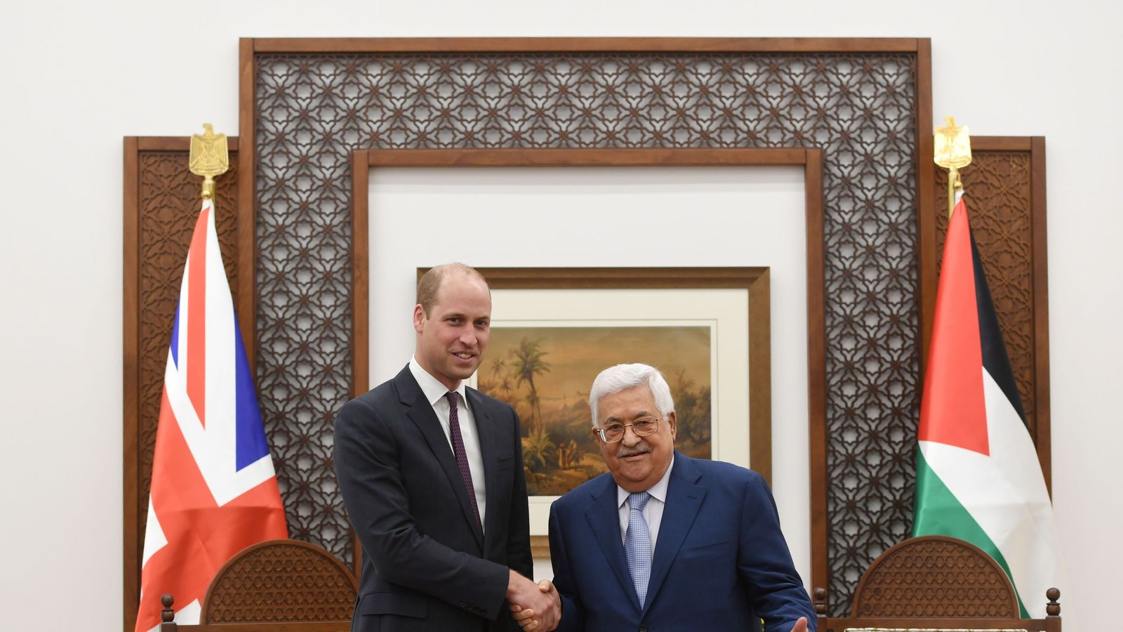 Prince William and Palestinian President Mahmoud Abbas shake hands in West Bank | World News ...