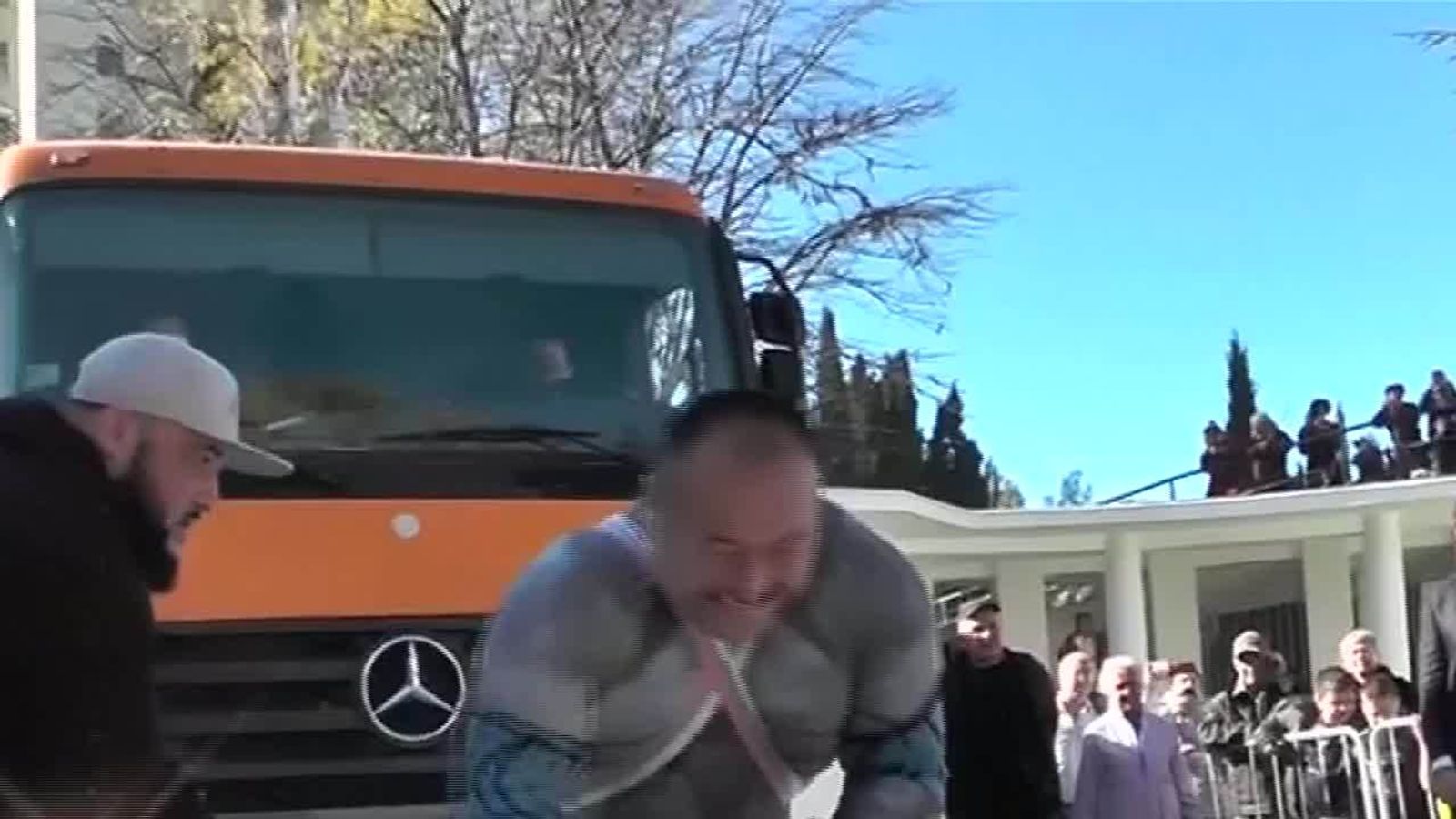 Russian strongman sets 'world record' truck pull | World News | Sky News