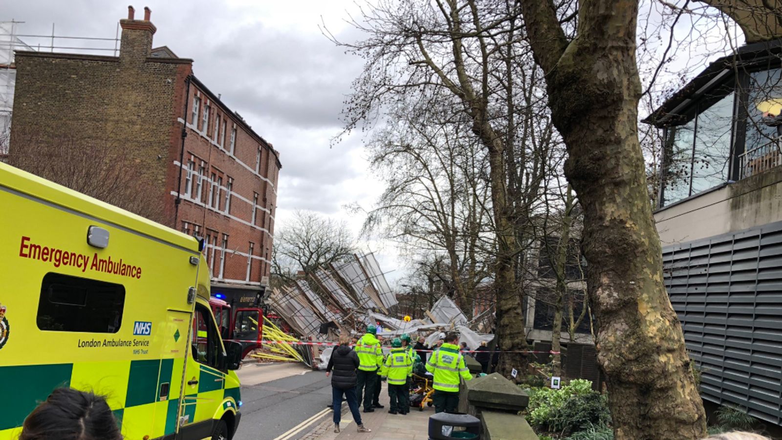 Scaffolding collapses outside Royal Free Hospital in Hampstead, London ...