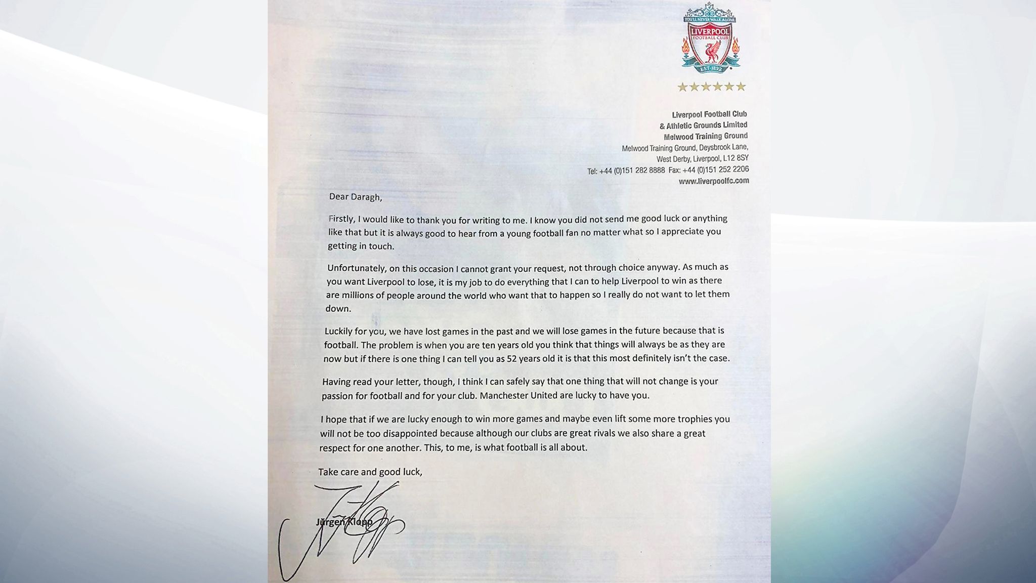 Liverpool boss Jurgen Klopp replies to letter from 10-year-old Man Utd ...