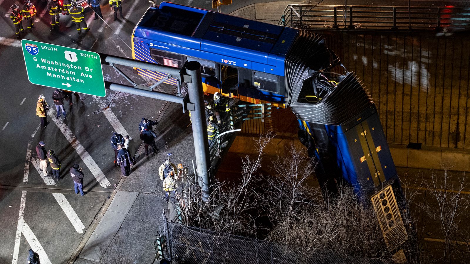 New York bus crash: Nine injured after vehicle plunges 49ft off bridge ...