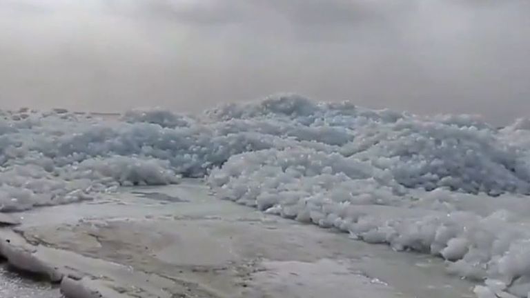 Ice is blown on to shoreline of lake in Minnesota | Climate News | Sky News