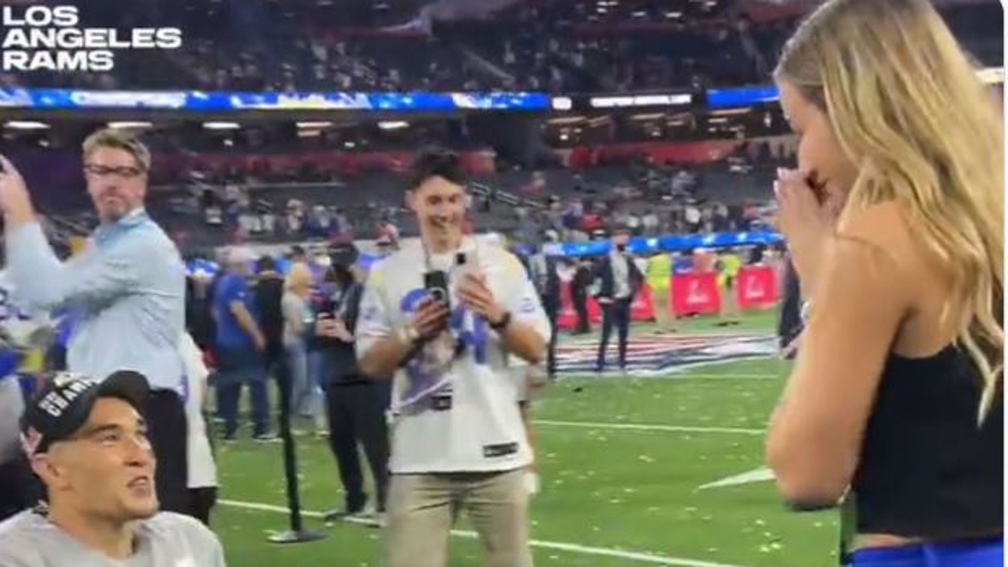 Super Bowl proposal: Los Angeles Rams star Taylor Rapp gets down on one ...