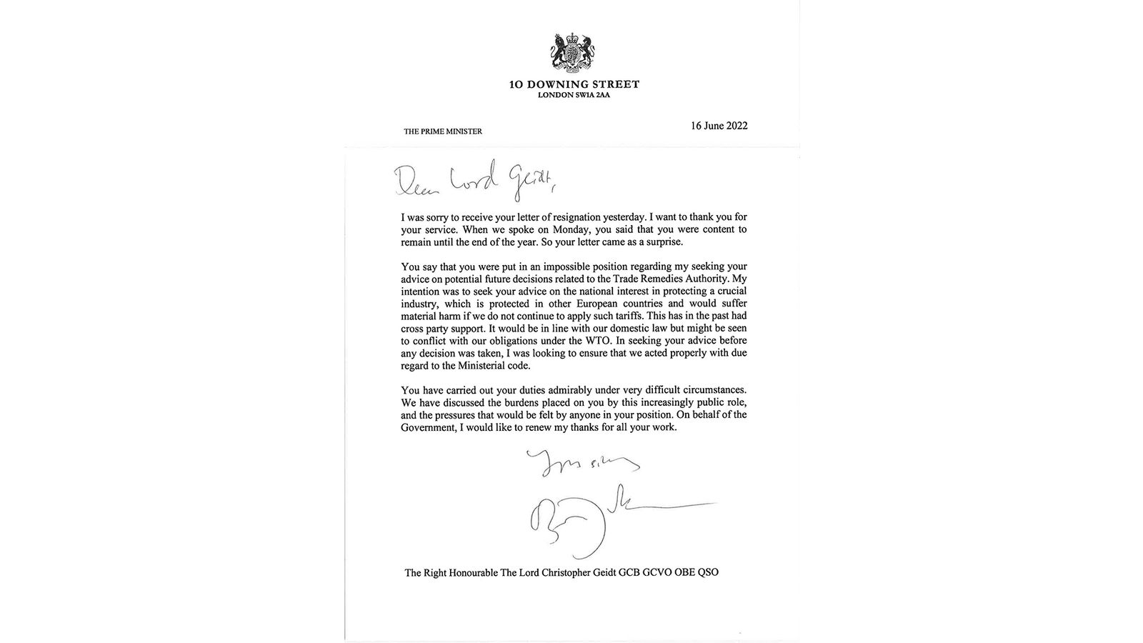 Lord Geidt and Boris Johnson's letters in full as Downing street publishes resignation ...
