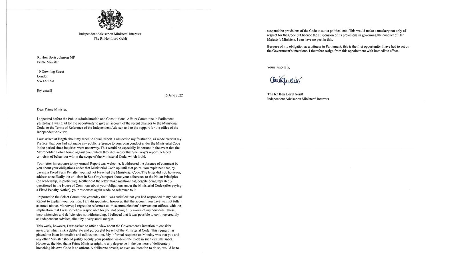 Lord Geidt and Boris Johnson's letters in full as Downing street ...