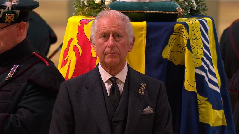 King leads vigil beside Queen's coffin | News UK Video News | Sky News