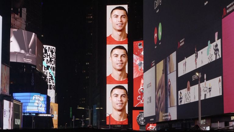 Cristiano Ronaldo takes over Times Square to unveil wax figure | Video ...