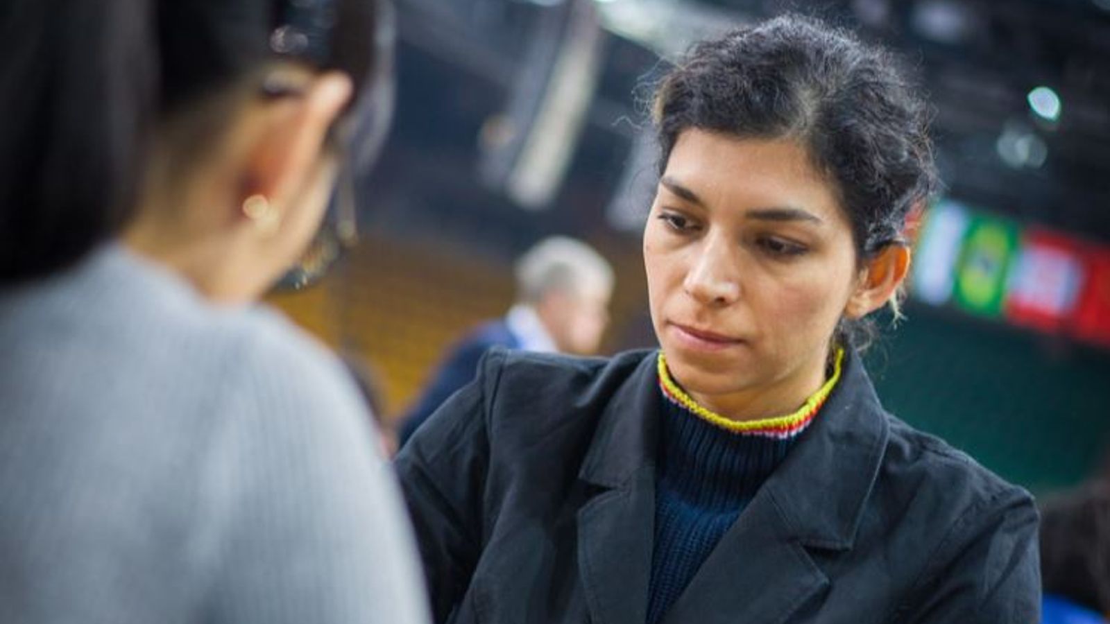 Iranian chess players Sara Khadem and Atousa Pourkashiyan compete in ...