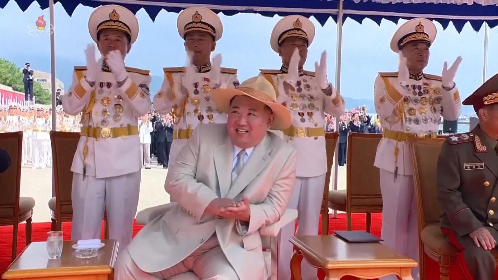 North Korea Kim Jong Un Dons Navy Hat As He Watches Launch Of Hero Kim North Korea Kim Jong Un Dons Navy Hat As He Watches Launch Of Hero Kim