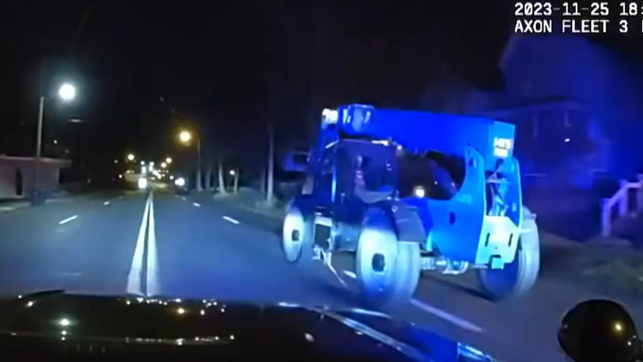 Child driving stolen forklift truck hits 10 cars during police chase in ...