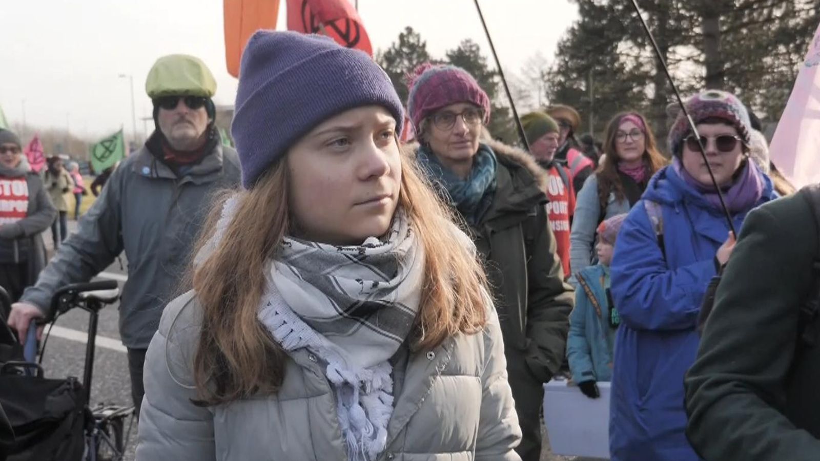 Climate activist Greta Thunberg leads a protest against the Farnborough ...
