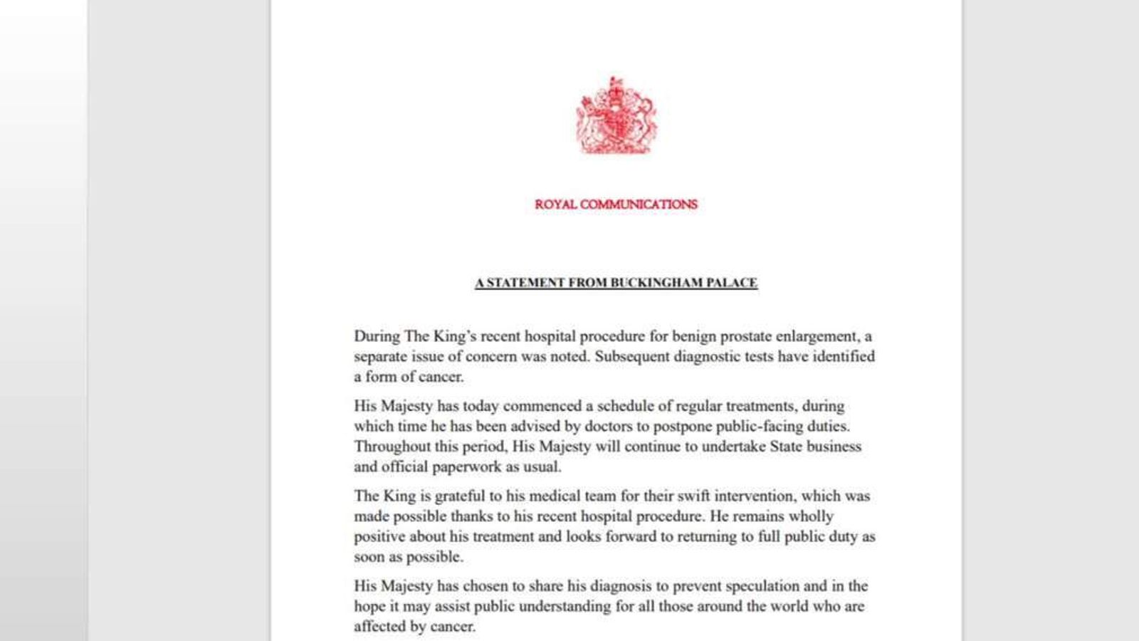 King's cancer diagnosis: Full statement as palace reveals monarch ...