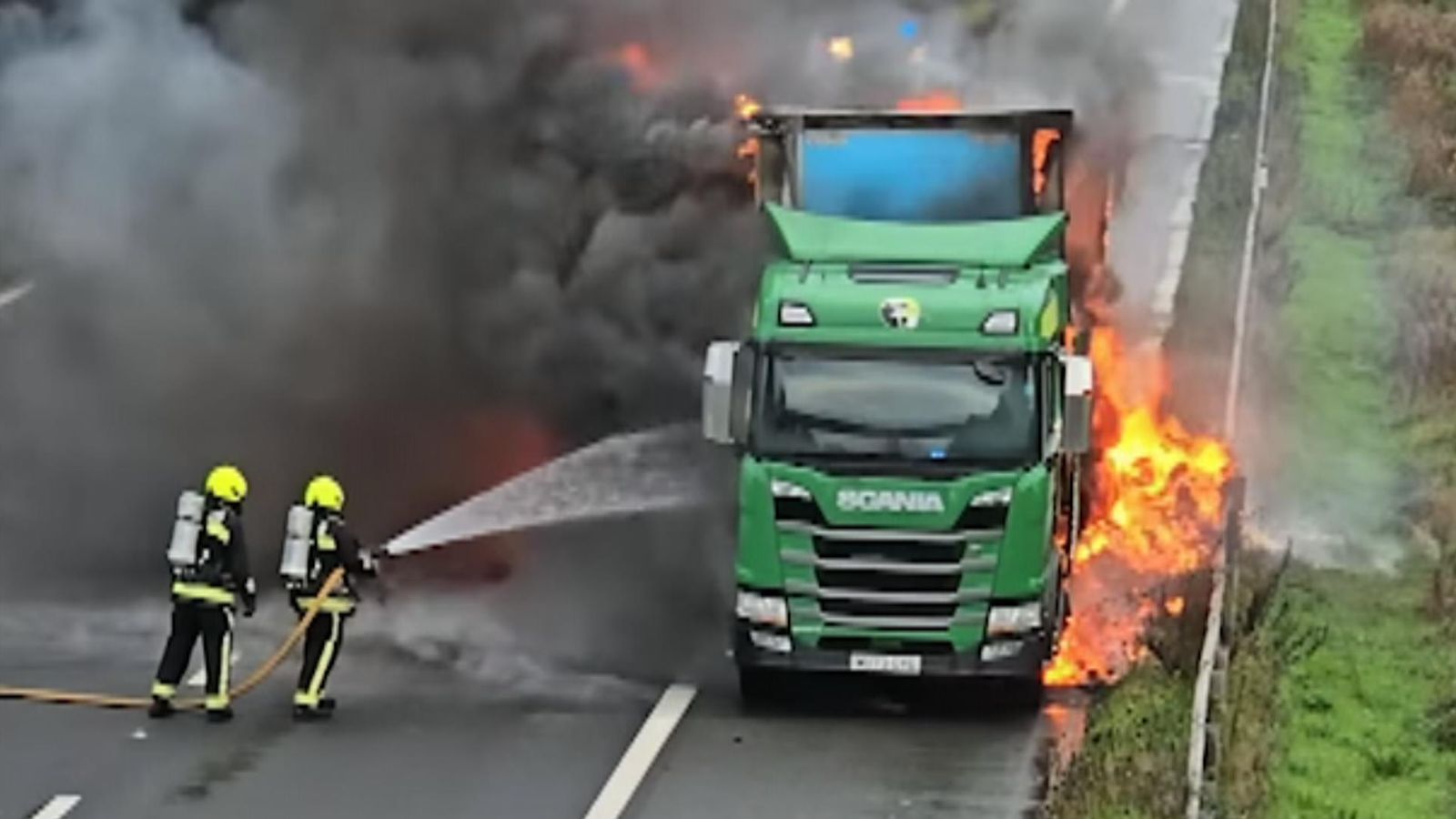 Firefighters tackle burning lorry on M5 motorway near Highbridge | UK ...