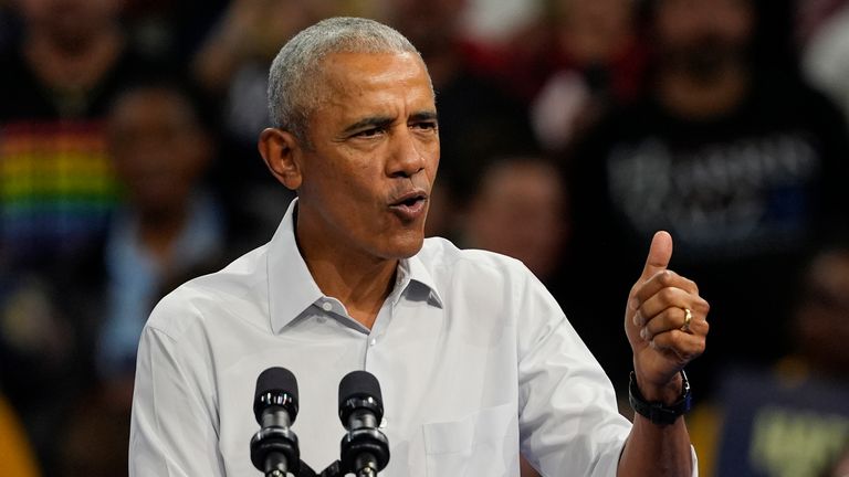 Former President Barack Obama speaks at an event Tuesday, Oct. 22, 2024 ...