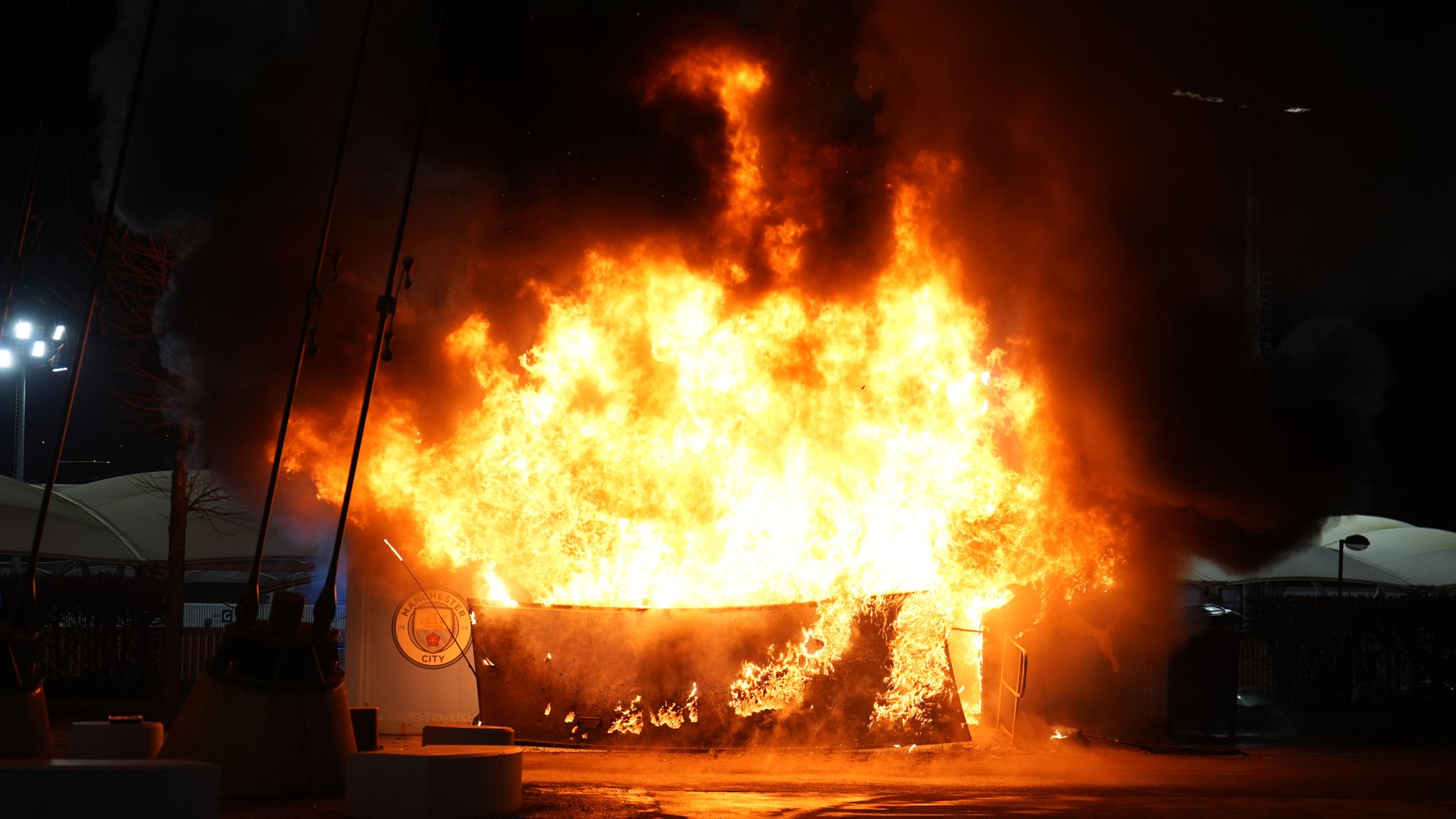 Merchandise stand catches fire outside Manchester City's stadium ahead ...