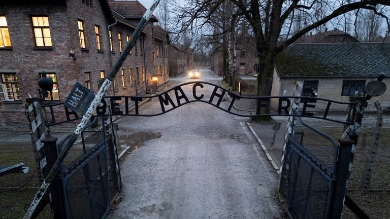 A drone view of the "Arbeit macht frei" (Work sets you free) gate is ...