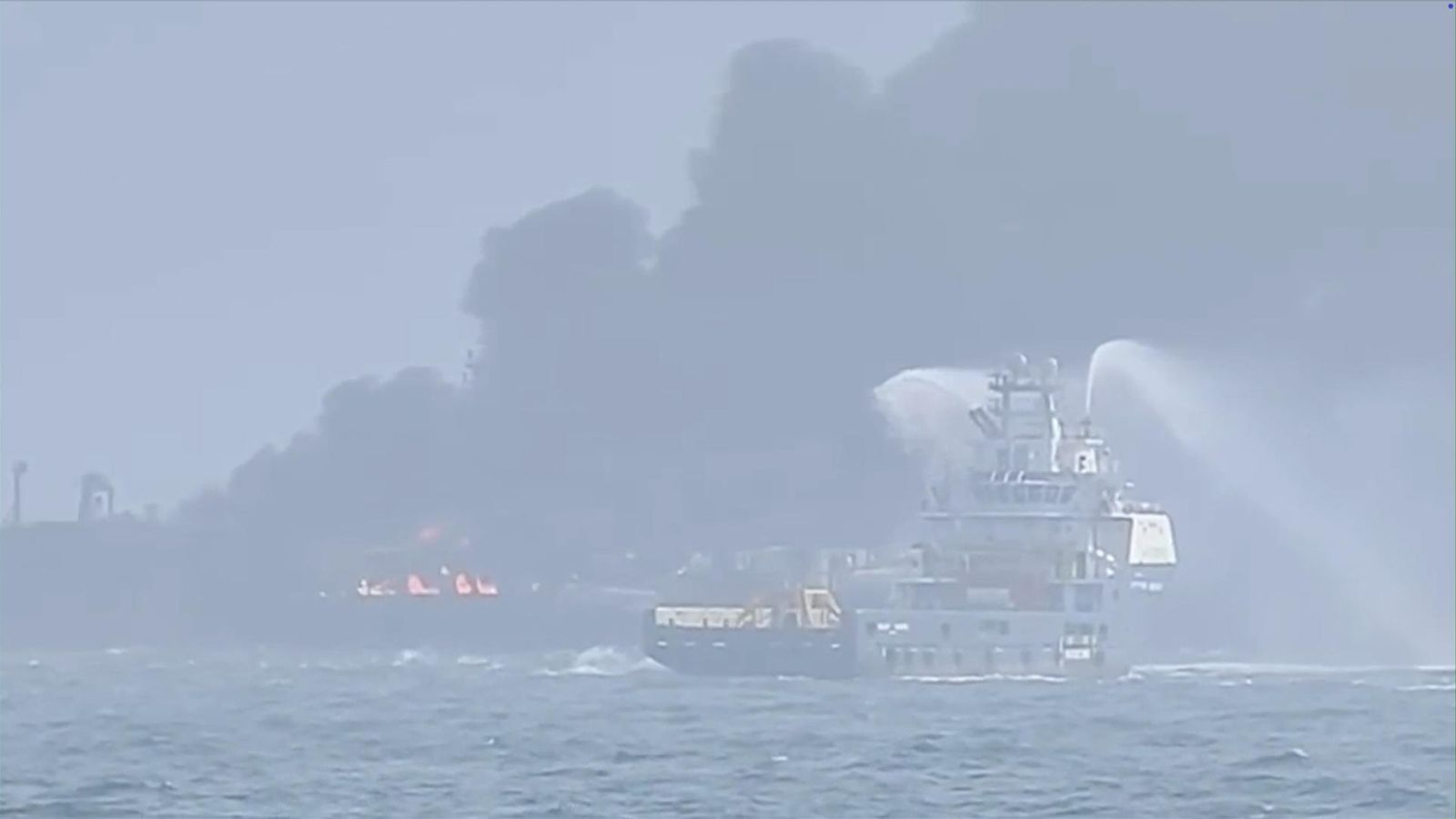 Emergency crews battle fire on blazing oil tanker after multiple ...
