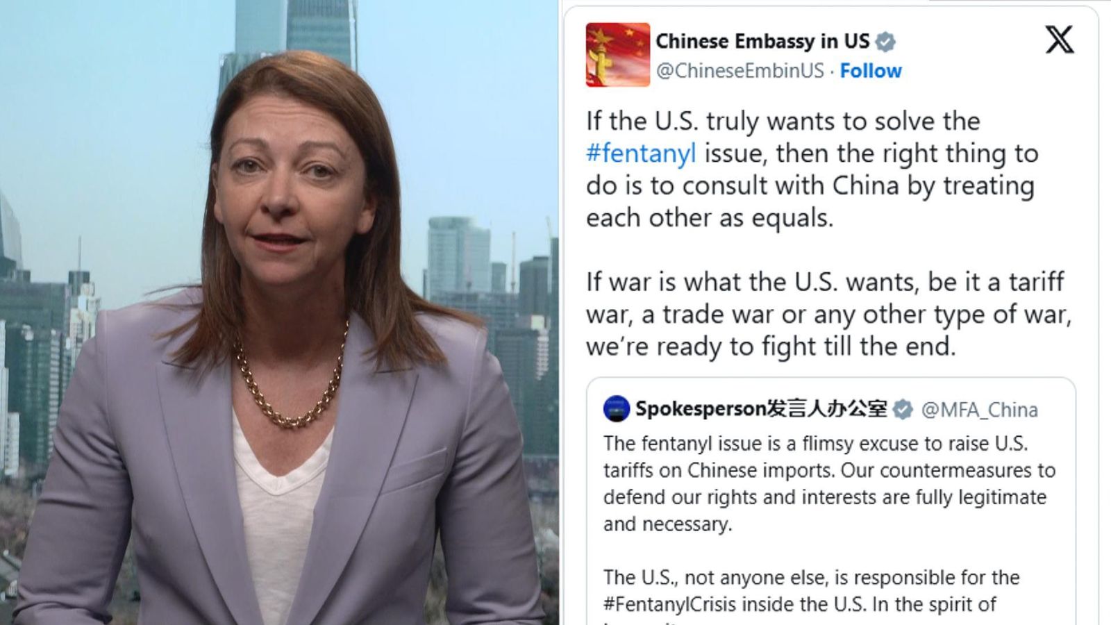 China's US embassy has tweeted a strong statement, saying 'if war is ...