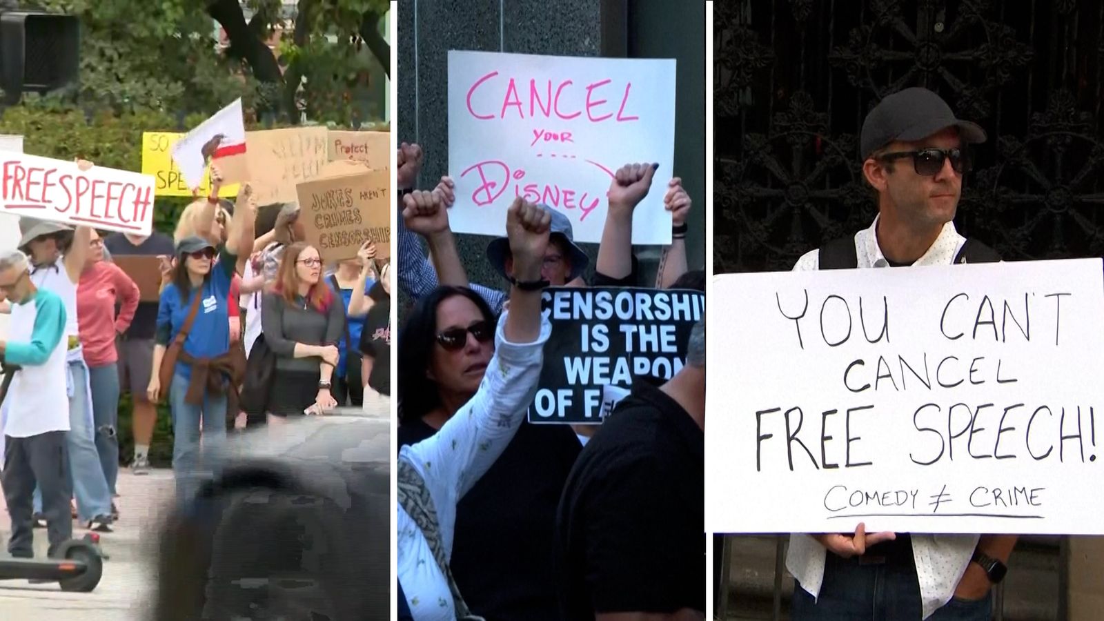 Protests over Jimmy Kimmel cancellation held outside Disney, ABC and ...