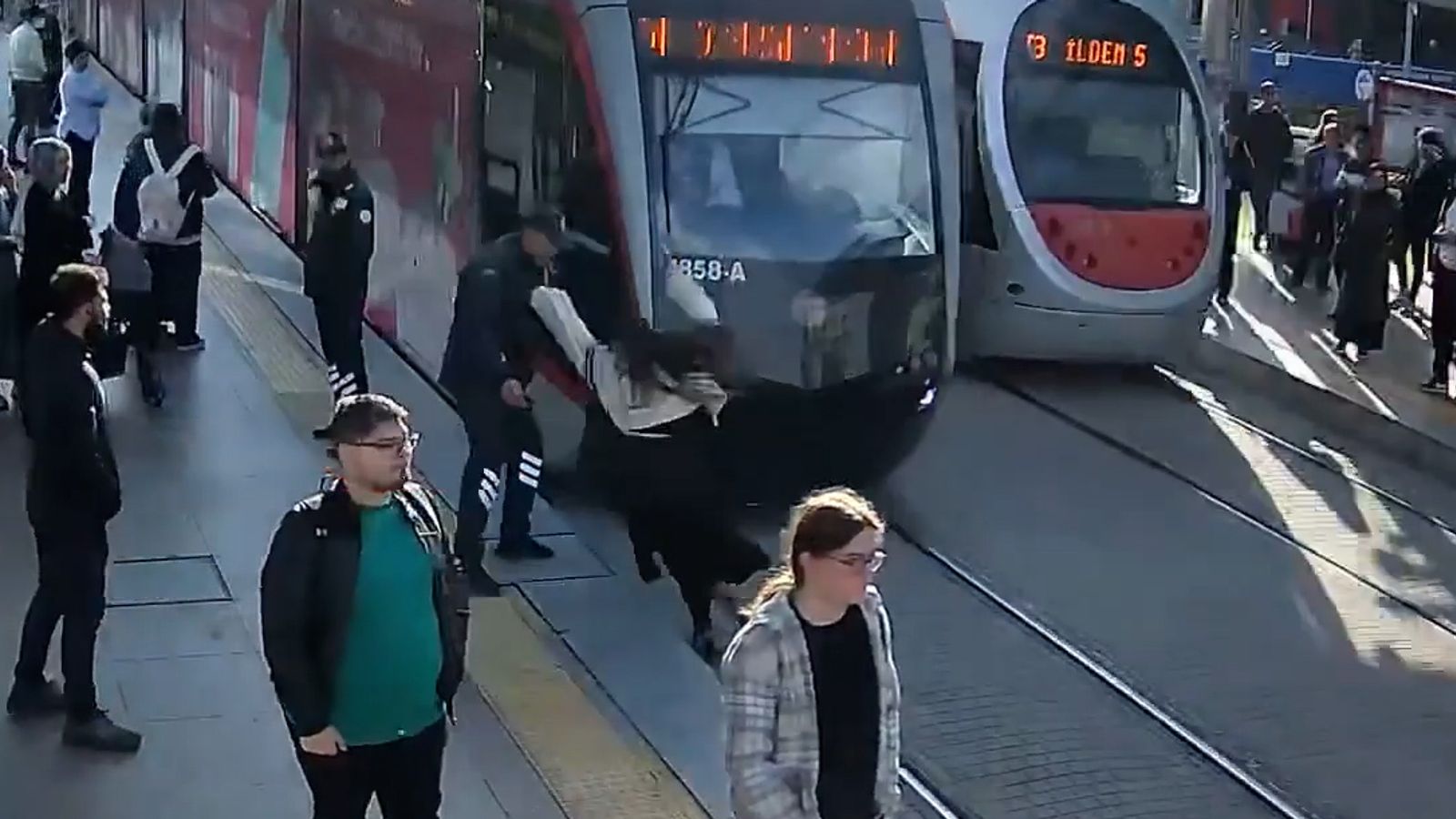 Distracted woman nearly hit by tram in Turkey | World News | Sky News