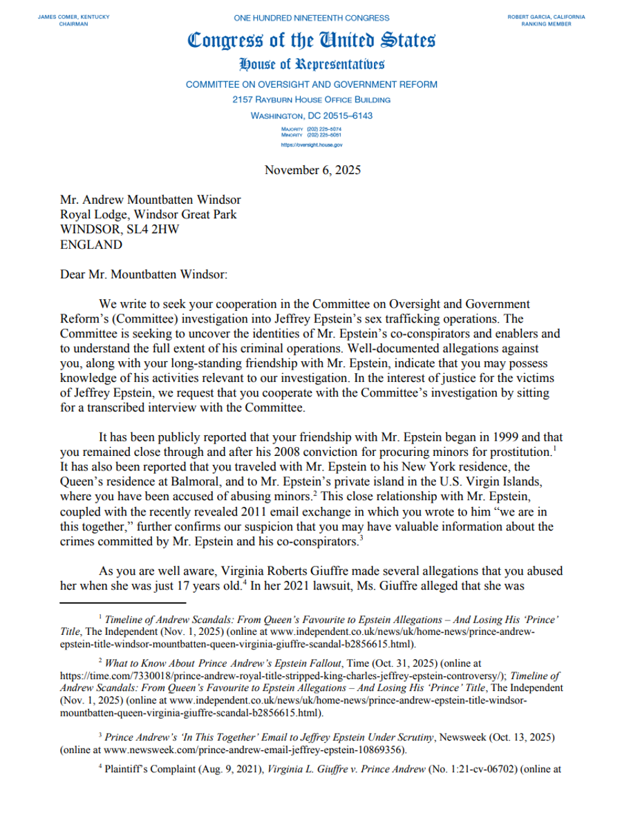 Andrew Mountbatten Windsor summoned by US Congress | UK News | Sky News