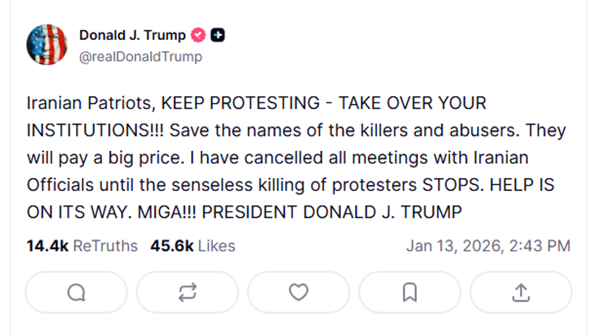 Trump makes Iran pledge as more than 2,000 protesters reported killed ...