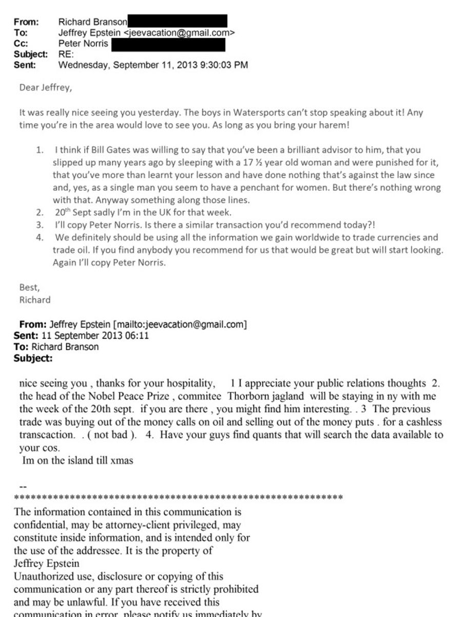 Branson told Epstein 'bring your harem' and advised him on PR, new ...